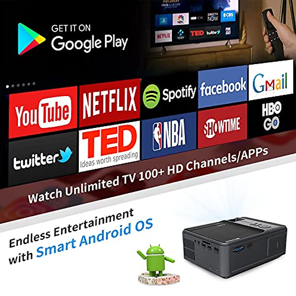 Mini Portable WiFi Projector Support 1080P Home Theater,Wireless Outdoor Movie Projector with Bluetooth,Indoor Smart Android Projector Built in Apps/Speaker/HDMI/USB for Laptop Phone TV Stick