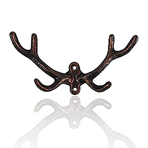 NA 30GO Vintage Cast Iron Deer Antlers Wall Hooks Antler Decorative Hanger w/Screws | Hook for Coats, Hats, Scarves, Keys | Rustic Farmhouse Style Home Decor (Red Copper)