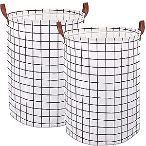 [2 Pack] Collapsible Laundry Basket, Large Round Waterproof Laundry Hamper, Foldable Storage Organizer with Leather Handles for Dirty Clothes (White Plaid)