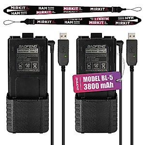 MIRKIT 2pc UV5R Battery BL-5 3800mAh & 2pc 2.5 mm USB Charger Cables with Lanyards Mirkit for Two Way Radio Compatible with Baofeng UV-5R BF-F8HP UV-5RX3 UV-5RTP UV-5X3