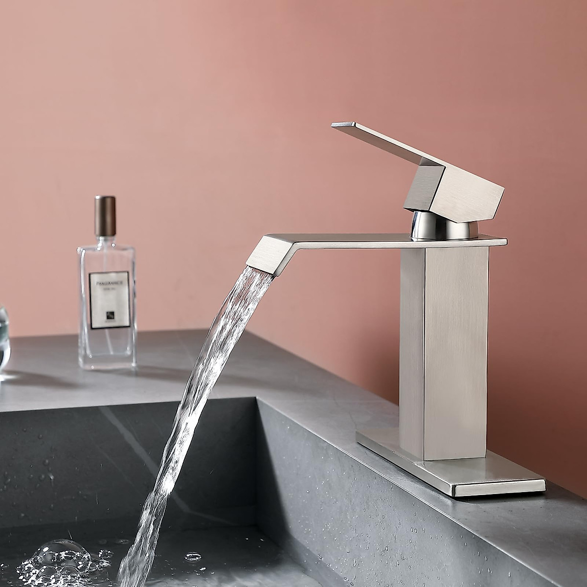 Poumao Waterfall Bathroom Faucet Bathroom Sink Faucet Brushed Nickel Single Handle Vanity Lavatory Faucets with Deck Plate for 1 or 3 Holes