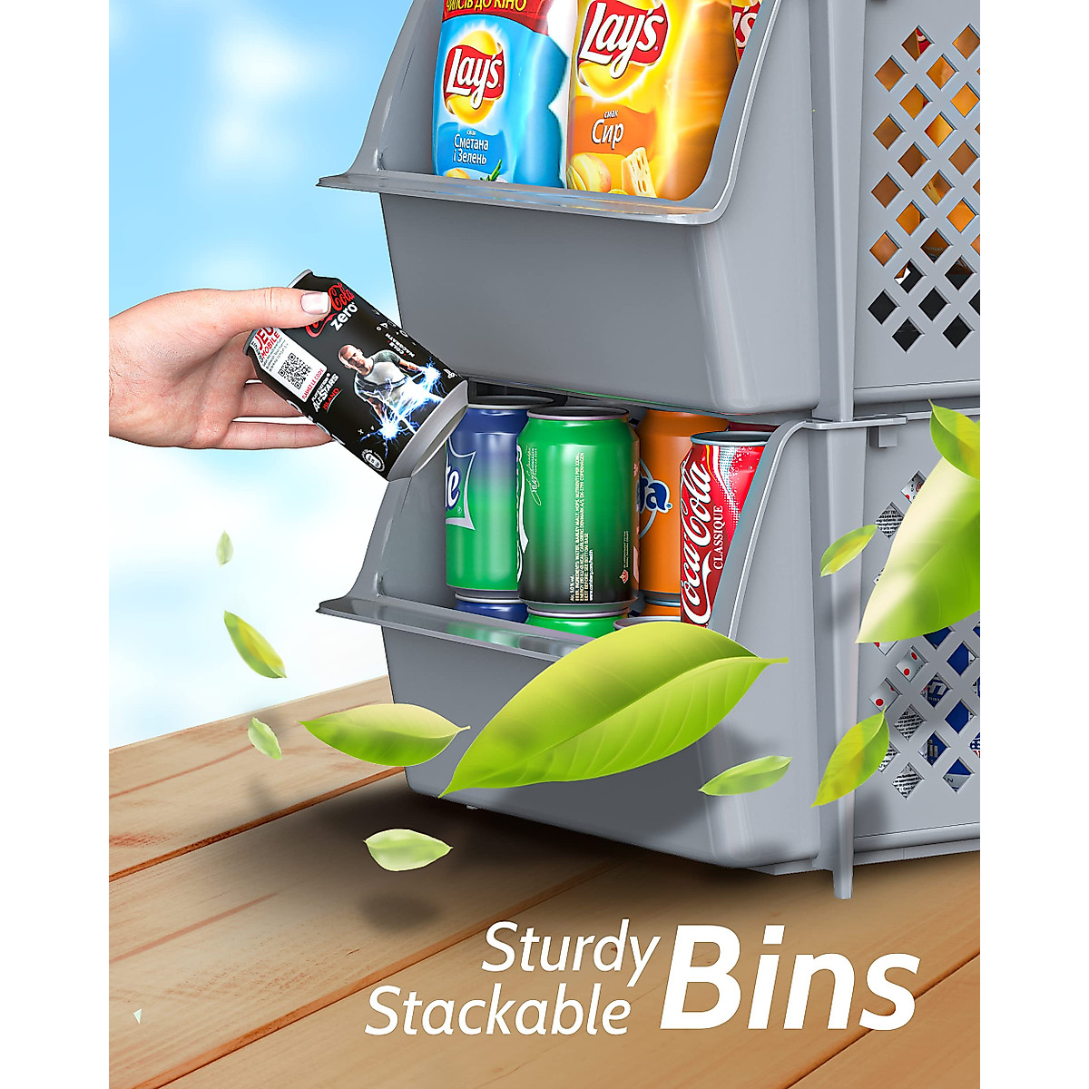 TidyFriend Stackable Storage Bins for Pantry, 4 Pack Stackable Bins For Organizing Food, Kitchen, and Bathroom Essentials (Grey)