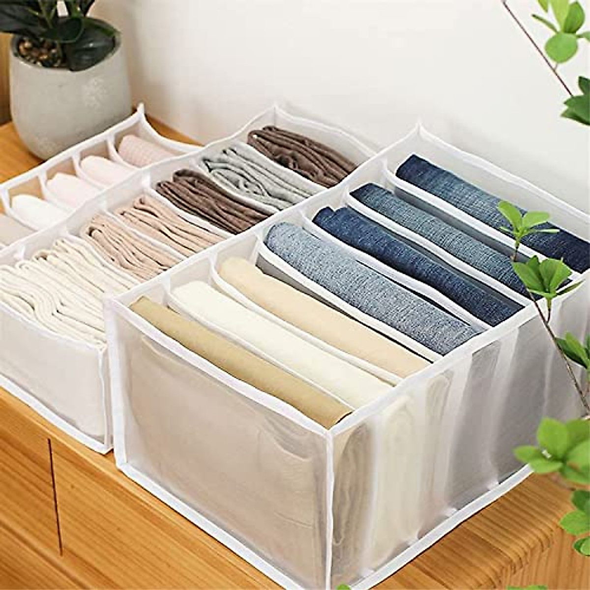 Wardrobe Clothes Organizer,Drawer Organizers for Clothing,Washable Clothes Organizer for Folded Clothes,Mesh Clothes Storage Organizer for Jeans,Underwear,Socks,Leggings,T-shirts (White, 2pc-Large)