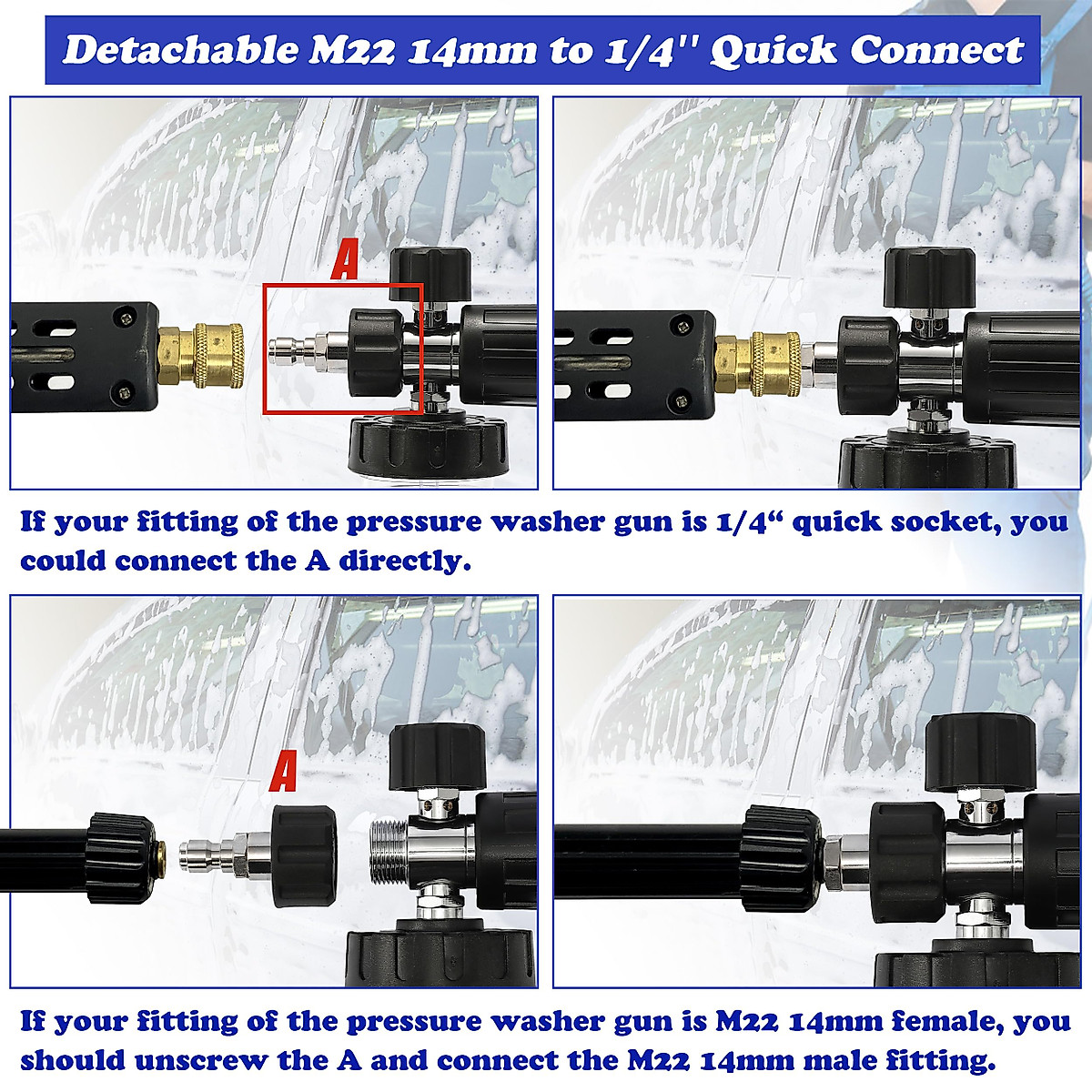 Tool Daily Pressure Washer Foam Cannon with Dual-Connector Accessory, Power Washer Double Tip Attachment For Soap Cannon, 5 Pressure Washer Sprayer Nozzles, 1/4" Quick Connect