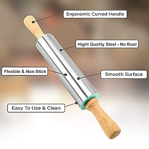 Rolling Pin Nonstick and Silicone Baking Pastry Mat Combo Kit Dough Rollers for Baking Pasta,Cookie Dough,Pastry,Bakery,Pizza