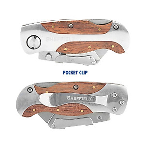 Sheffield 12525 Premium Lock Back Utility Knife 2 Pack, Box Cutter Knife, Carpet Knife, Drywall Cutter, Quick Change Blade, Aluminum And Wood Handle, Wood, Silver