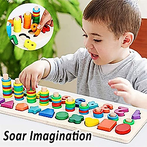 CozyBomb Wooden Number Puzzle Sorting Montessori Toys for 1 Year Old Toddlers - Shape Sorter Counting Game for age 3 4 5 year olds - Preschool Education Math Stacking Block Learning Wood Chunky Jigsaw