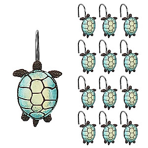 Sunlit Sea Turtle Shower Curtain Hooks, Home Decorative Shower Curtain Rings for Bathroom, Resin, Ocean Shower Curtain Hanger Hooks for Kid Room Living Room, Set of 12