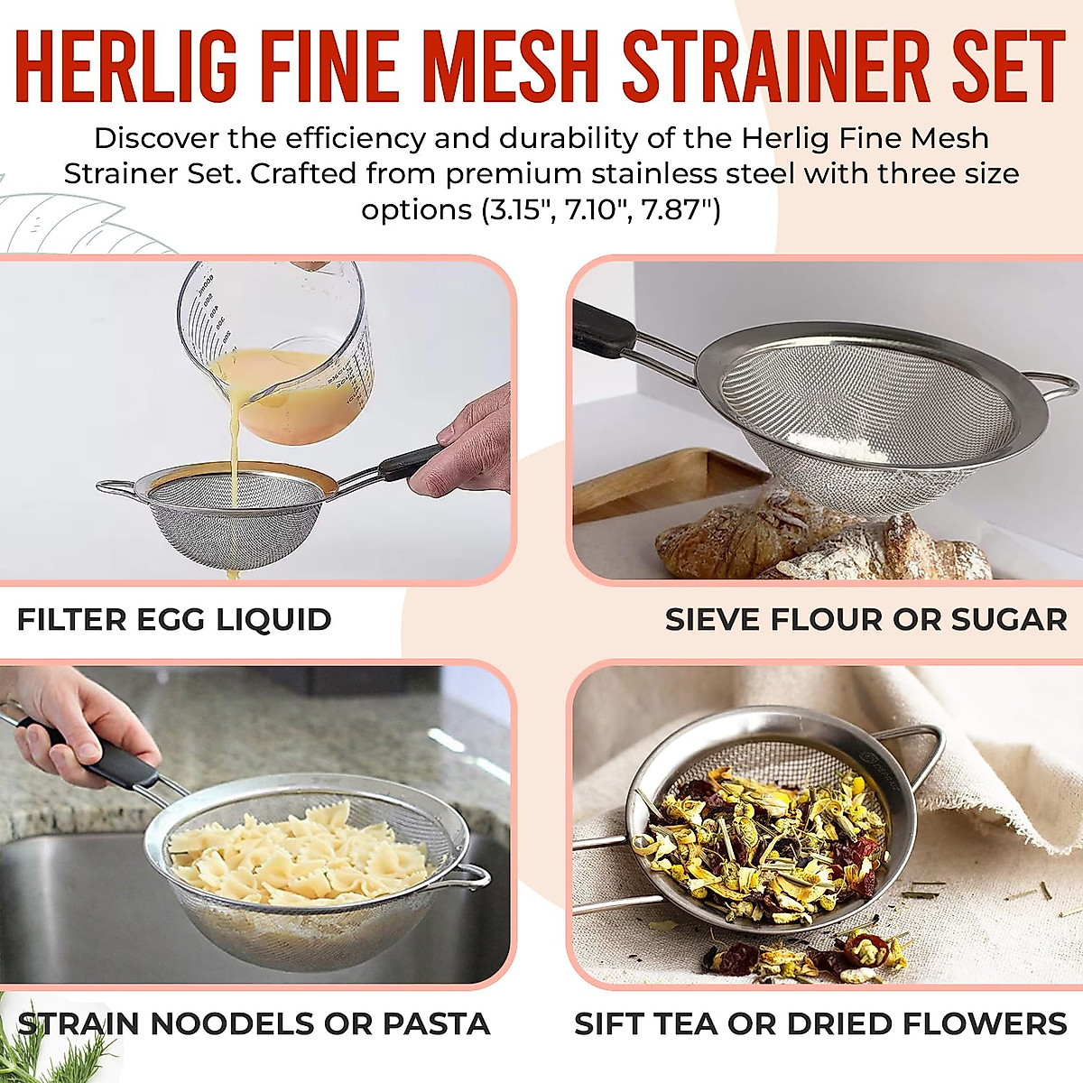 Herlig™ Fine Mesh Strainer Set - Pack of 3 Rust Proof Stainless Steel Mesh Strainer with Handle, Kitchen Food Strainer Steel Mesh Strainer Set of 3, 3.15", 7.10", 7.87"
