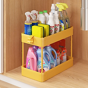 Boeeoan Under Sink Organizers Storage Rack,2 Tier Bathroom Under Sink Shelf Basket with Hooks, Under Kitchen Sink Shelf Multi-purpose, White