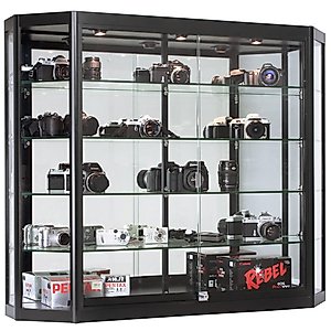 Displays2go Black Glass Wall Hanging Store Case, Aluminum, Tempered Glass Shelves – Black (WC4712LEDB)