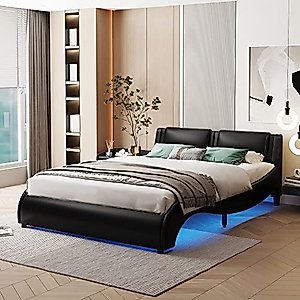 Lostcat Full Modern Upholstered Faux Leather Platform Bed with LED Light Bed Frame,Strong Wood Slats Support,Wave Like Curve Low Profile Bed Frame for Boys/Girls/Adult Bedroom,Easy Assembly,Black