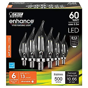 Feit Electric 60-Watt Equivalent CA10 LED Light Bulb, Dimmable Enhance Glass Candelabra Filament, 500 Lumens, 13 Yrs. Lifetime, 2700K Soft White, 6-Pack - CFC60/927CA/FIL/6