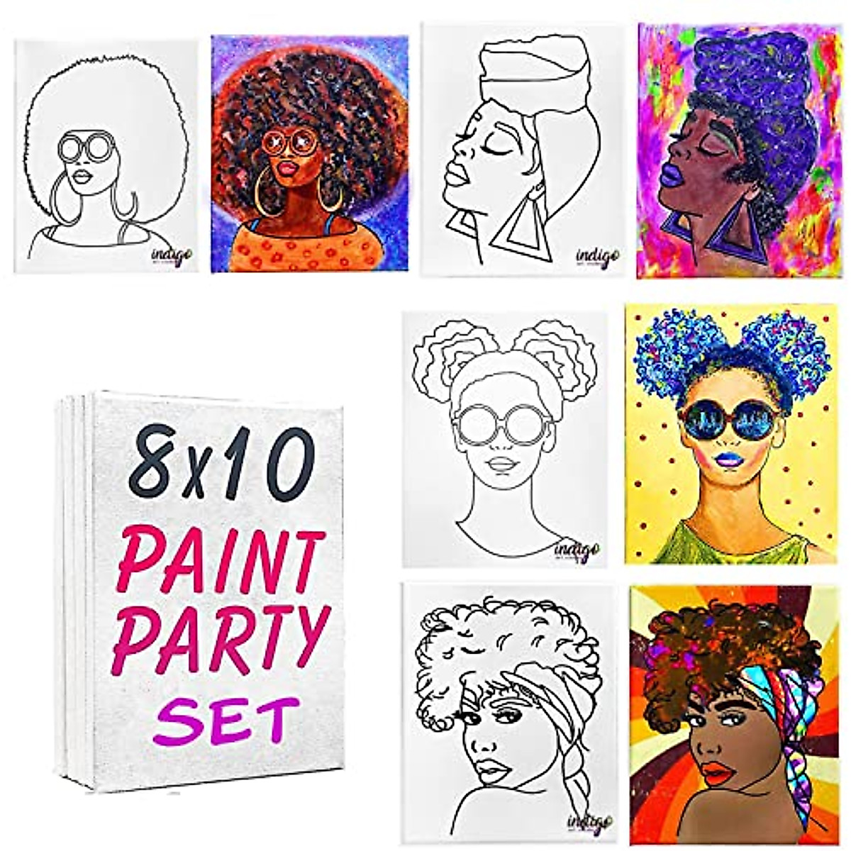 4 PACK 8x10 AFRO QUEEN PAINT PARTY SET 2 | Pre Drawn Stretched Canvas Kit | Birthday Gift | Adult Sip and BLM Party Favor | DIY Virtual Party 2 (8x10 Inches)