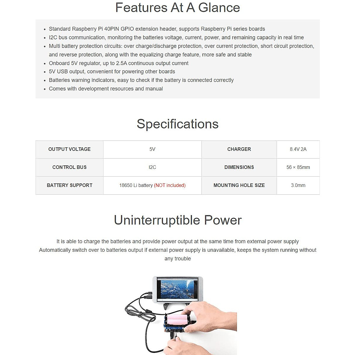 Waveshare UPS HAT for Raspberry Pi, 5V Uninterruptible Power Supply Charge and Power Output at The Same Time