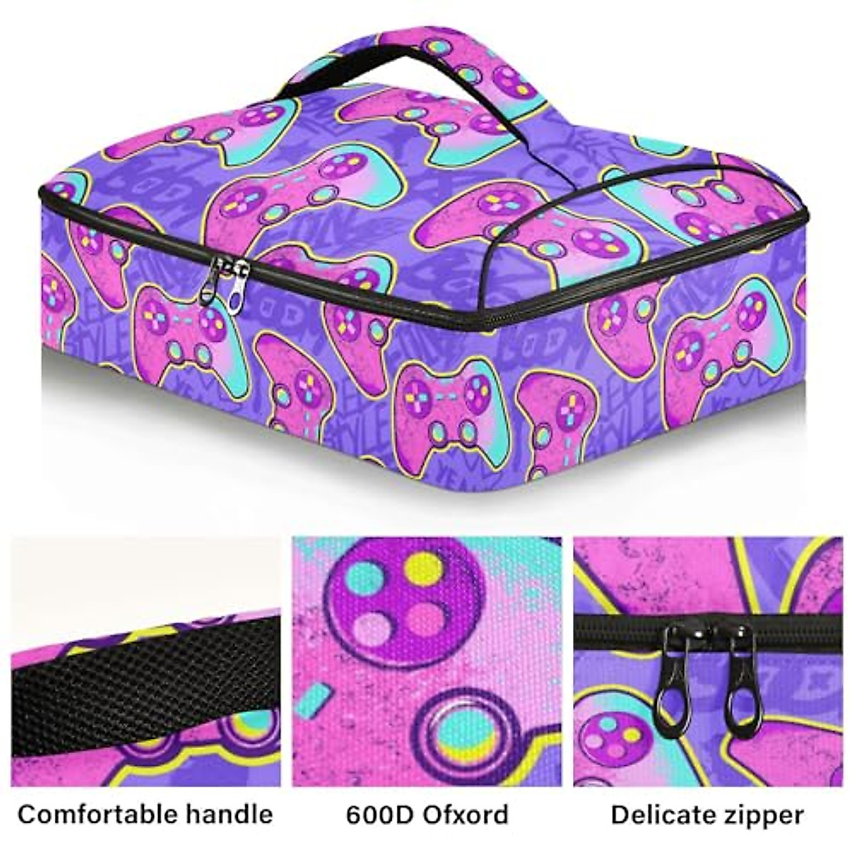 Kcldeci Insulated Thermal Food Carrier Insulated Casserole Carrier for Hot or Cold Food,Colourful Joystick Game Insulated Tote Bag for Potluck Cookouts Parties Picnic,Lasagna Lugger