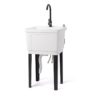 VINGLI Utility Sink Laundry Tub for Washing Room, Freestanding Utility Sink with Stainless Steel Faucet, (White, 19.7"W x 18.9"D x 33"H)