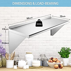 Chingoo Stainless Steel Shelf 12" x 36" - 2 Pack 300 lb Wall Mounted Commercial Stainless Steel Shelves Metal Shelving for Restaurant, Bar, Utility Room, Kitchen and Garage