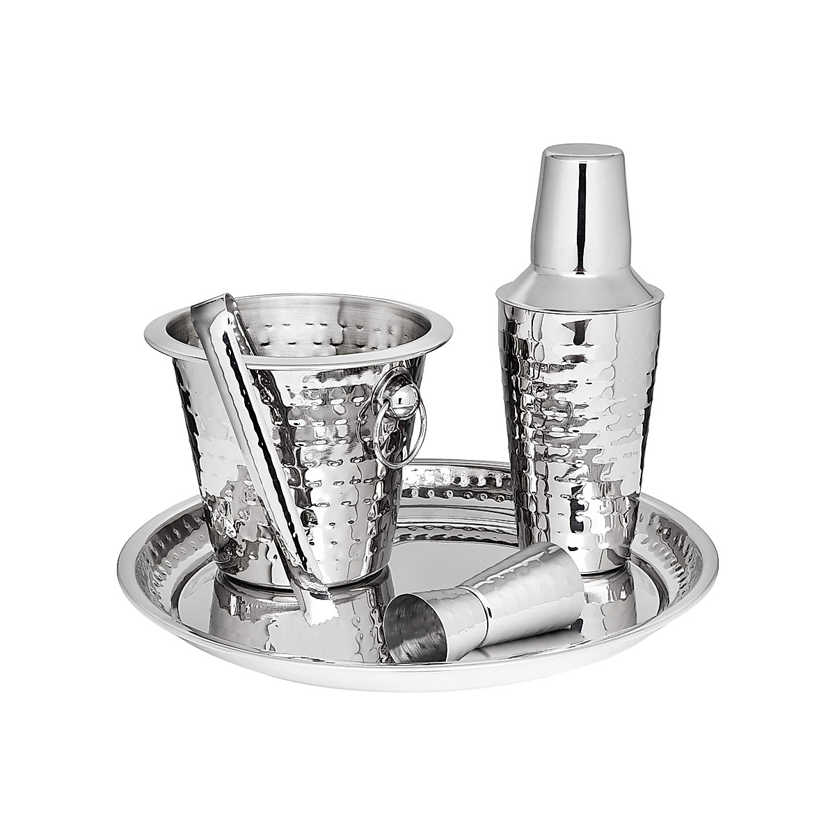 Godinger Barware Bar Tools Stainless Steel set, Includes Cocktail Shaker for Drink Mixing, Double Jigger, Ice Bucket, Tongs and Display Serving Tray