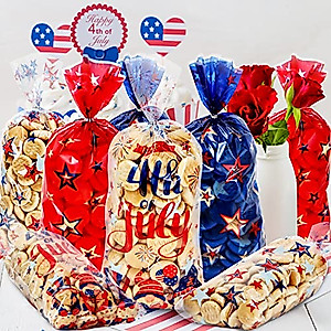 100Pcs Patriotic Decorations 4th of July Party Cellophane Treat Bags,Red Blue Stars Plastic Goodie Bags Candy Favor Bags with Silver Twist Ties for American Patriotic Day Veterans Day Party Supplies
