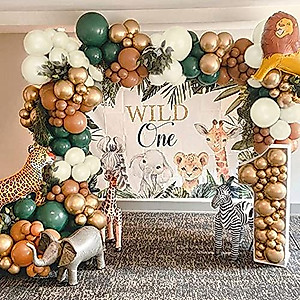 128pcs Safari Jungle Balloon Garland Arch Kit- Sage Green and Brown Balloons with Animal Print for Wild One Tropical Theme Party Supplies Olive for Boy First Bithday Baby Shower Wedding Graduation Gold White Decorations (Safari Balloons Set)