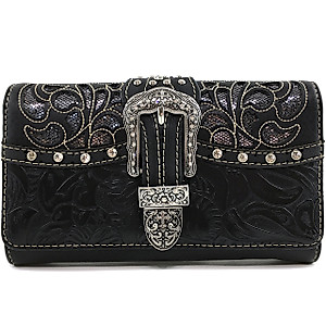 Justin West Rhinestone Concho Leather Fringe Gleaming Laser Cut Wristlet Trifold Wallet Attachable Long Strap (Light Brown Wallet)