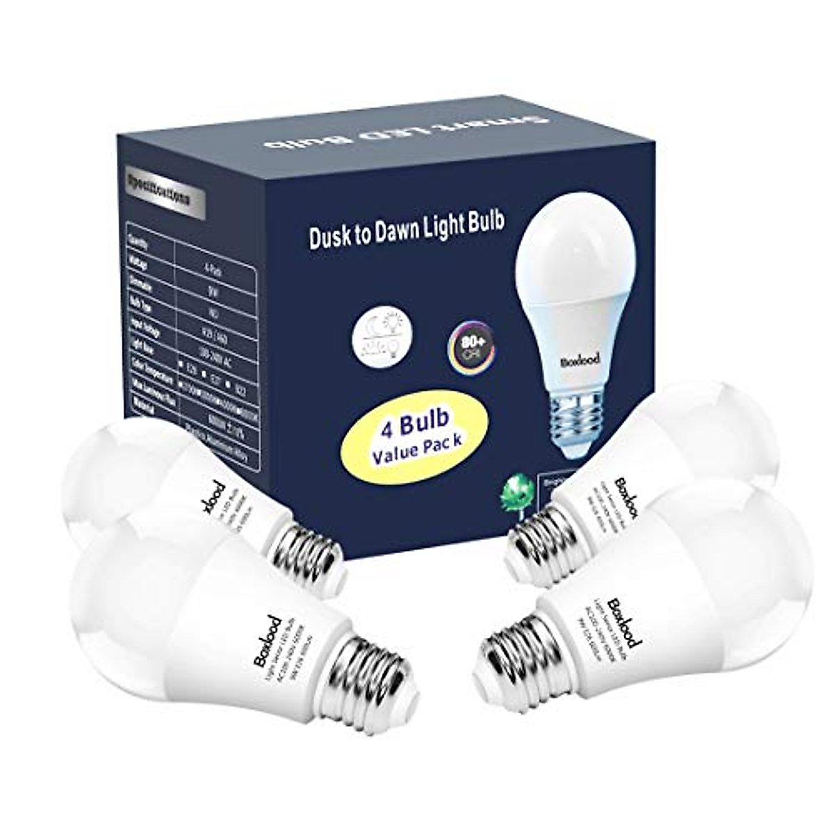 Outdoor Dusk to Dawn LED Light Bulb (No Timer Required), Automatic On/Off Light Sensor Bulb, Built-in Photocell Detector, E26 A19 120V 6000K for Porch, Boundary, Garage, Entrance,9W 4 Pack by Boxlood