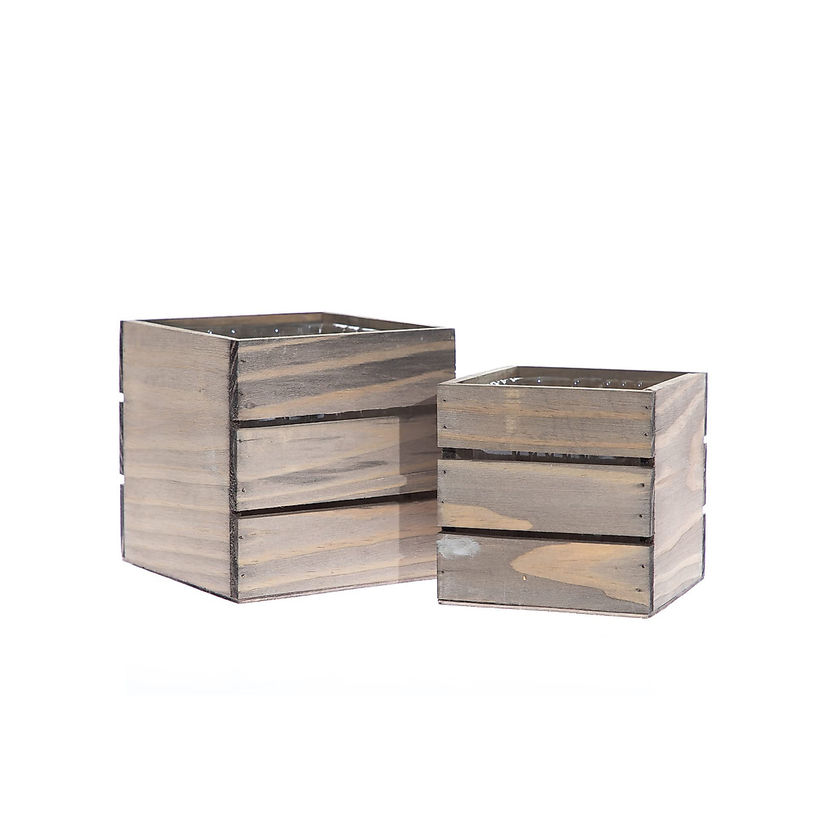 Wood Planter Box with Wine Crate Styled, 5 Inch Square, Rustic Barn Wood, Plastic Liner, Wedding Flowers Holder, Home and Venue Decor, (5x5 Wine Crate Set of 4)