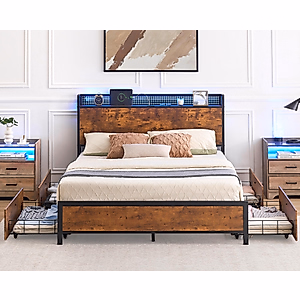 GAOMON Queen Size Bed Frame with Storage Headboard and 4 Drawers LED Lights Metal Platform Bed Frame with Charging Station, Mattress Foundation Strong Wood Slats Support, No Box Spring Needed