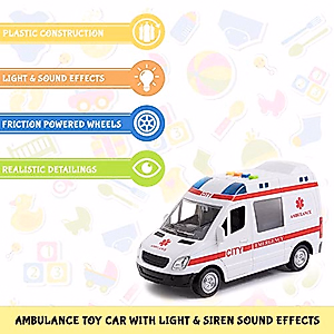 Liberty Imports Ambulance Toy Car with LED Lights & Siren Sound Effects - Friction Powered Wheels Plastic Rescue Vehicle Toy for Kids & Toddlers