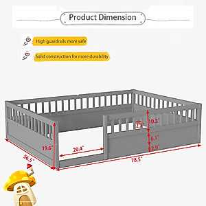 Floor Bed for Kids, Full Size Montessori Bed with High Fence Railings, Wood Playhouse Bed with Rails for Baby Boys Girls Teens, No Slats Included, Gray