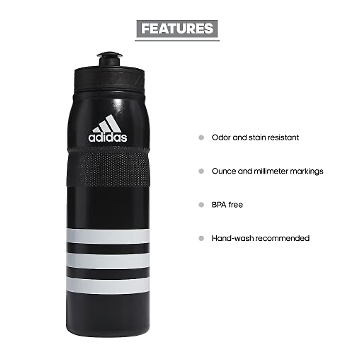 adidas unisex adult 750 Ml (28 Oz) Stadium Refillable Plastic sports water bottles, Black/White, One Size US