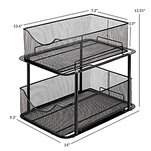 Sorbus 2 Tier Under the Sink Organizer Baskets with Mesh Sliding Drawers —Ideal for Cabinet, Countertop, Pantry, and Desktop, for Bathroom, Kitchen, Office, etc.—Made of Steel (Black)