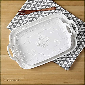 AMDSS Dinner Plate 2pcs Set,10+12inch, White Embossed Porcelain Square Tray with Handle, Ceramic Buffet Tray, Chafing Dish, Display Plate