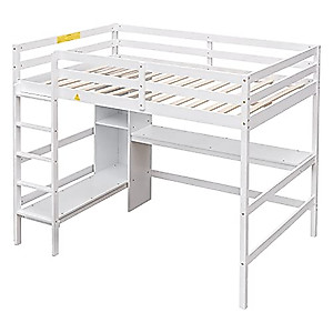 Full Loft Bed with Desk and Storage Shelves, Wood Loft Beds Frame with Bookcase, Modern High Loft for Kids Boys Girls Teens, Full Size, White
