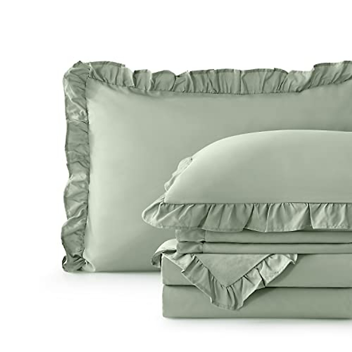 Chvonttow 5 Pieces Sage Green Duvet Cover King Ruffle Duvet Cover, Ultra Soft Farmhouse Shabby Chic Bedding Duvet Cover Set with Zipper Closure, 1 Duvet Cover + 4 Pillowcases (Sage Green, King)