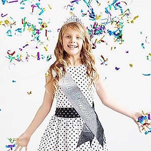 KICOSY Silver Birthday Crowns for Women Birthday Princess Sash & Crystal Tiara Set Princess Tiara for Girls Princess Crown Birthday Tiara Girls Crystal Headband Glitter Sash Kit for Birthday Party