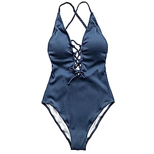 CUPSHE Women's Solid Color V Neck Lace Up One Piece Swimsuit, Blue, XL