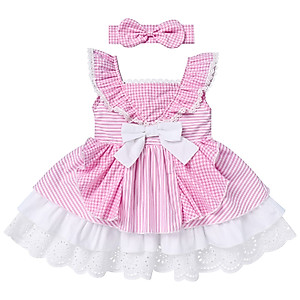 Toddler Baby Girl Tutu Dress Pink Plaid Dress Infant Pink Plaid Baby Girl Outfit Summer Sleeveless Stirped Ruffle Dress Bowknot Princess Birthday Party Dress Sundress with Headband Set Pink 6-12 Month