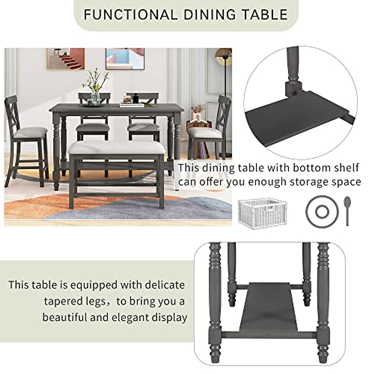 Merax 6-Piece Wooden Counter Height Rectangular Table Set with Bottom Shelf, 4 Chairs, and Padded Bench for Dining Room, Gray(Update)