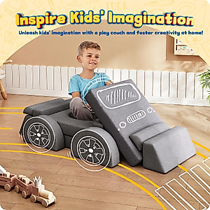 ONBRILL Kids Sofa Couch, 12pcs Modular Play Couch Set, Children Floor Sofa Building Fort, Washable Teddy Cover, Convertible Foam & Floor Cushion, DIY Creative Playroom Furniture for Boys & Girls, Grey