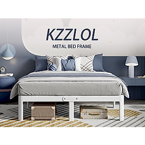 KZZLOL White Bed Frame Queen Size 16 Inch, Metal Queen Bed Frame No Box Spring Needed, Heavy Duty Steel Support 3500 LBS, DIY Headboard, Noiseless, Round Corner Legs, Storage Space, Easy Assembly