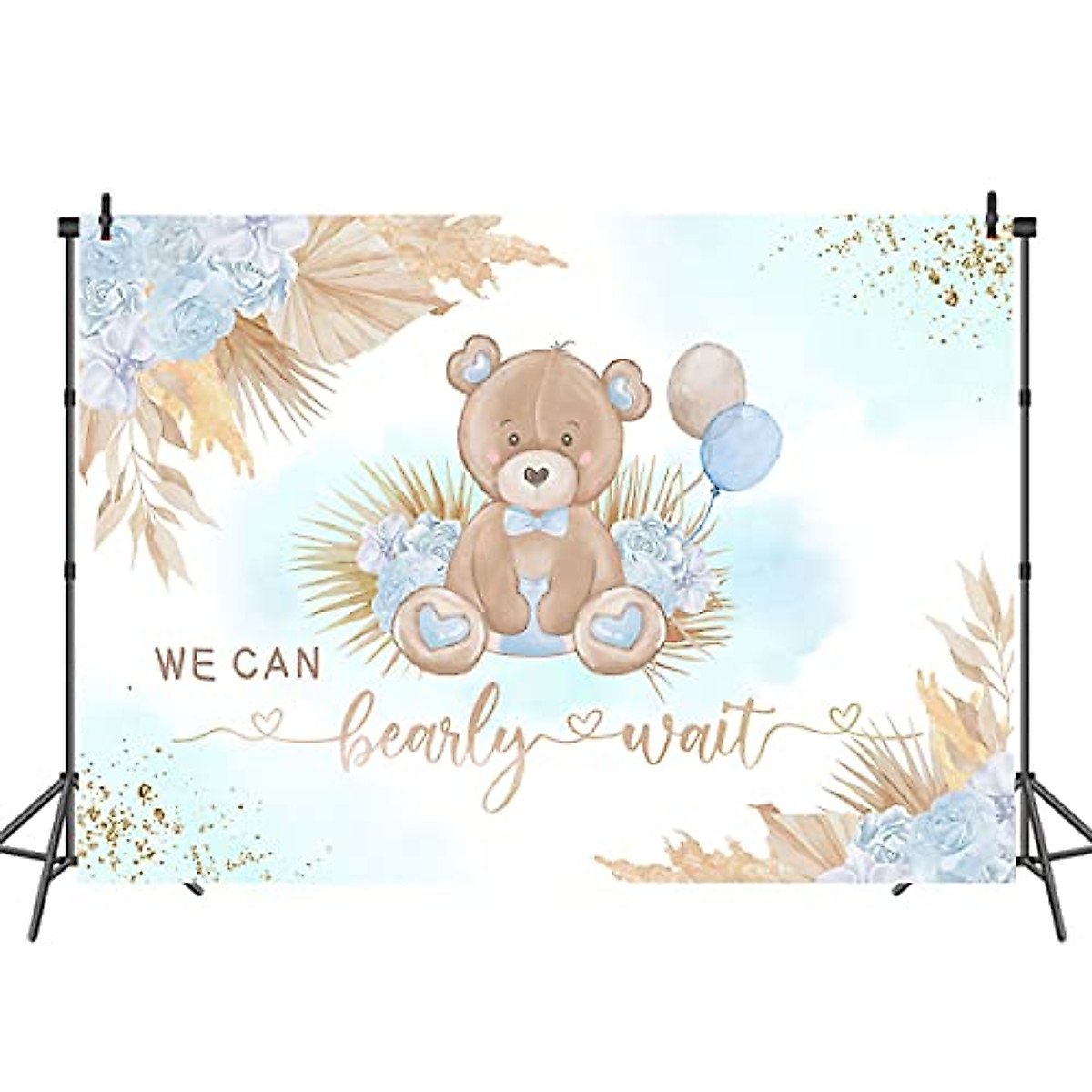 Mocsicka We Can Bearly Wait Backdrop for Boys Boho Chic Blue Flowers Balloons Photography Background Vinyl Boy Lovely Bear Baby Shower Cake Table Decoration Banner (Blue, 7x5ft)