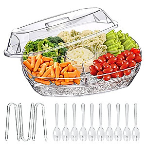 LIMOEASY Chilled Veggie Tray, 15 Inch Clear Party Platter with 4 Compartments, Ice Serving Bowl with Lid, Cold Food Buffet Server for Fruit, Vegetable, Appetizer, Shrimp