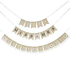 HUIHUANG 3 Pieces Bride to Be Banner Burlap Bridal Shower Banner Miss to Mrs Banner Rustic Burlap Lace Bunting Banner Bride To Be Sign For Bridal Shower Engagement Party Decorations Favors
