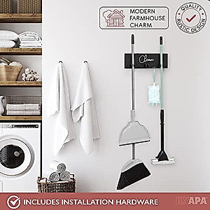 Ilyapa Mop and Broom Holder Wall Mount, Black Wooden Broom and Mop Organizer Wall Hanging, Kitchen Laundry Room Organizer Storage Rack, Broom Hanger Wall Mount, Broom Organizer Wall Mount