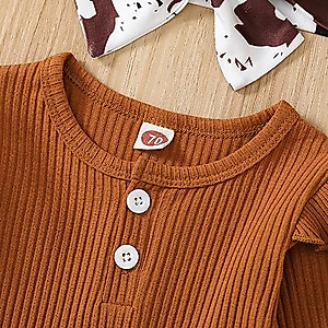 JOIMOCY Baby Girl Clothes 12-18 months Ribbed Ruffled Romper+Leopard Flared Pants Infant Fall Winter Outifts, Brown Girls Clothing 12-18M/100cm