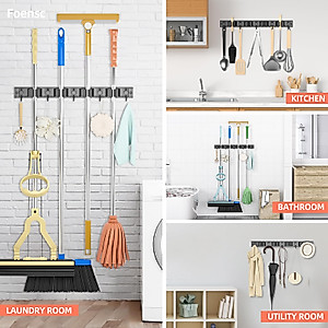 Foensc Broom Holder Wall Mount, Improved Adjustable Broom Holder, Super Anti-Slip Mop and Broom Holder Wall Mount, Heavy Duty Tool Organizer for Laundry Room Garage Storage, 4 Racks 5 Hooks