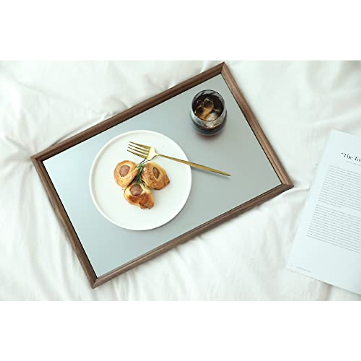 Vernox Large Serving Tray with Stainless Steel for Food, Rectangular Tray Platter with Walnut Wood Frame for Coffee Table, Kitchen, Party - Silver Color (Large)