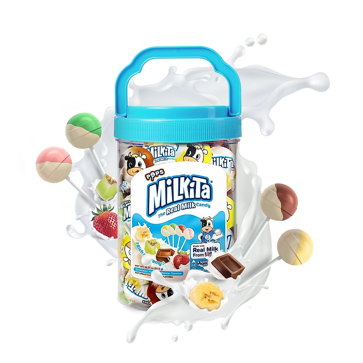 Milkita Creamy Shake Lollipop Jar, Gluten Free Chewy Candies with Calcium & Real Milk, Low-Sugar, Assorted Flavors (Strawberry, Chocolate, Honeydew, Banana), 45 Pcs